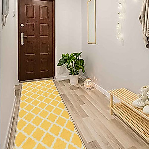 Machine Washable Moroccan Trellis Design Non-Slip Rubberback 2x5 Traditional Indoor Runner Rug for Hallway, Kitchen, Bedroom, Entryway, 20" x 59", Yellow