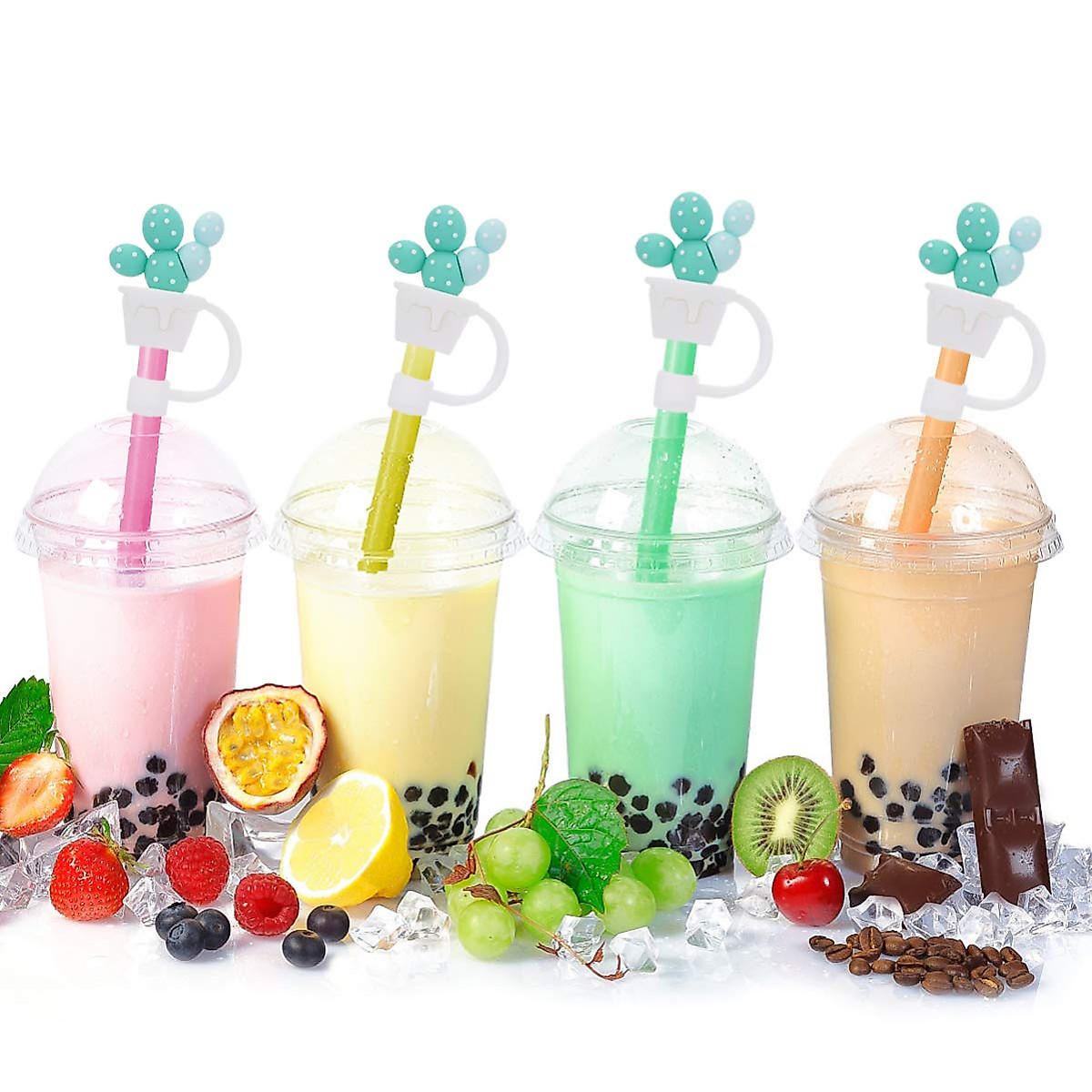 SEWACC 2 Pcs Straw Covers Silicone Straw Caps Reusable Drinking Straw Tips Lids Straw Toppers for Home Office (Cactus)