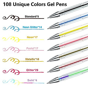 Lineon Gel Pens 108 Colours Gel Pen Set for Adult Colouring Books Art Markers