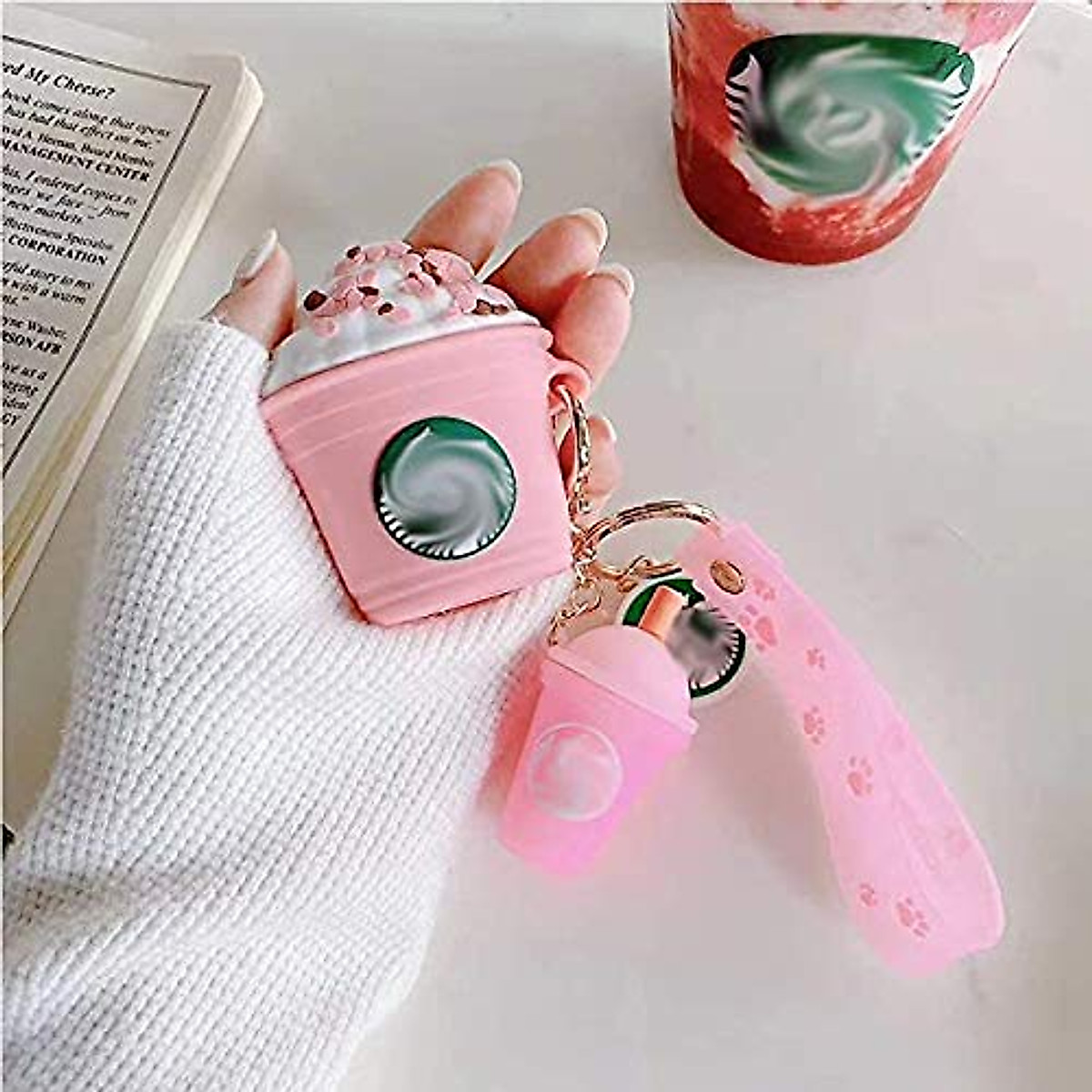 AirPods 2 & 1 Case Cover, 3D Cute Cartoon Kawaii Pink Drink Cup Keychain Design case, Charging Holster for Boys and Girls