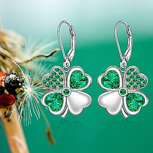St Patricks Day Shamrock Earrings for Women Sterling Silver Four Leaf Clover Earrings Green Heart Cubic Zirconia Valentine Mothers Day Irish Shamrock Gifts
