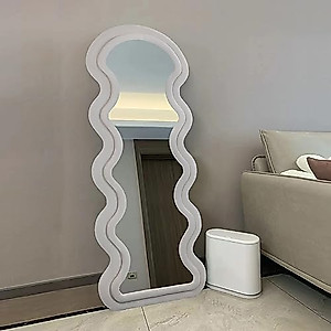 LOVDECORT Irregular Wavy Full Length Mirror, 63" x 24" Shatter-Resistant Selfie Leaner Mirror, Standing Floor Mirror for Hanging & Leaning Against Wall with Velvet Wrapped Wooden Frame(White)