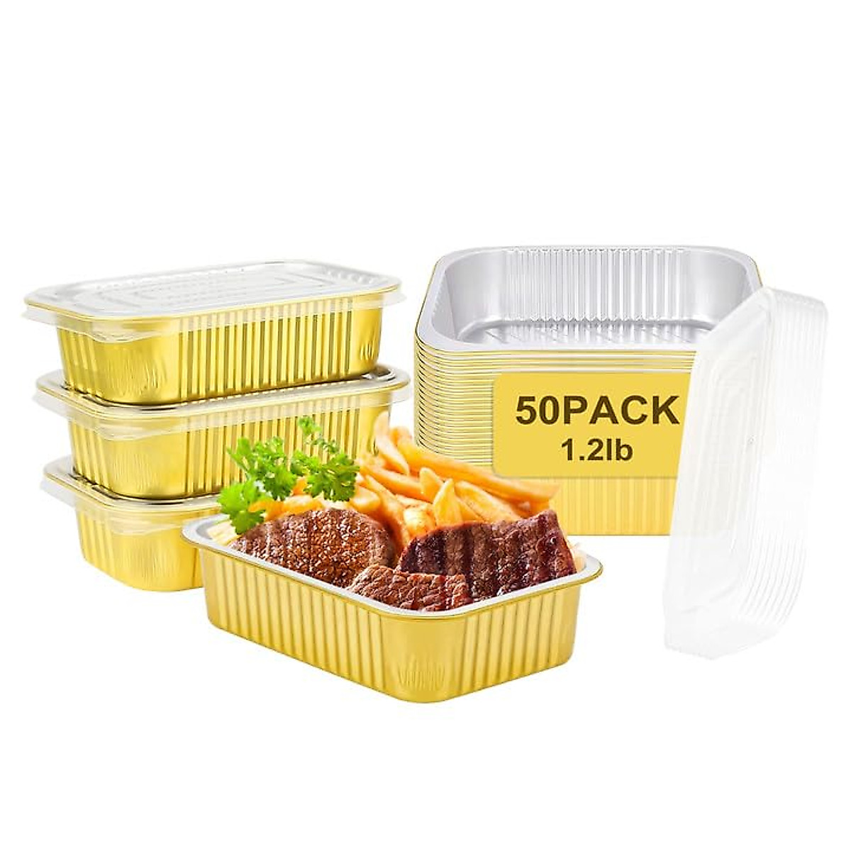 Aluminum Pans with Lids, 50 Pack Foil Pans with Lids 6.3"×4.4", 1.2 Lb Heavy Duty Small Aluminum Pans with Lids, Double Thick Aluminum Pan, for Baking, Meal Prep, Freezer, Heating, Takeout(Gold)