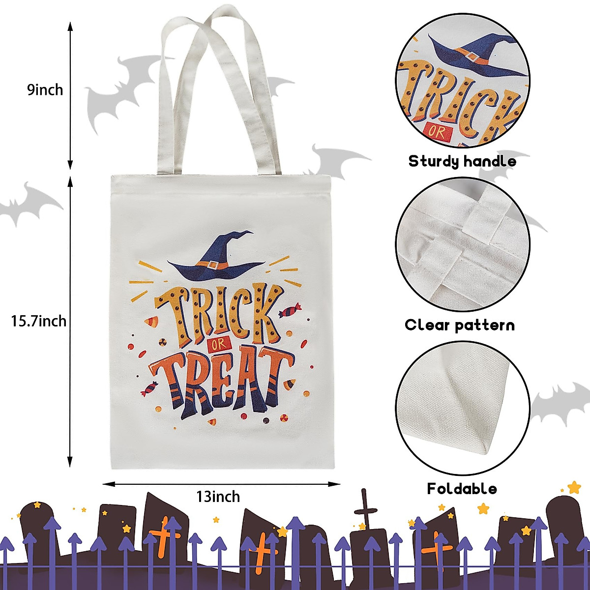 ATFUNSHOP Trick or Treat Bags Halloween Bags 15.7'' Witch Hat Canvas Reusable Large Tote Bucket for Kids