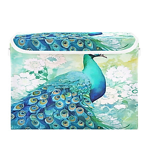 Burbuja Watercolor Peacock Storage Box with Lid & Handles, Collapsible Large Storage Bin for Shelves Closet Bedroom Office Organizing
