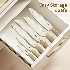 GOODA 12PCS Knife Set with Covers,Nonstick Ceramic Coating Kitchen Knives Set,Stainless Steel Blade with Guards, Essential Knife Set for Kitchen,White