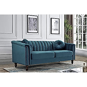 Container Furniture Direct Tufted Velvet Sofa with Removable Cushions and Turned Wood Legs, Elegant Living Room Furniture for The Modern Home, 75.2 Inch Couch, Blue Green