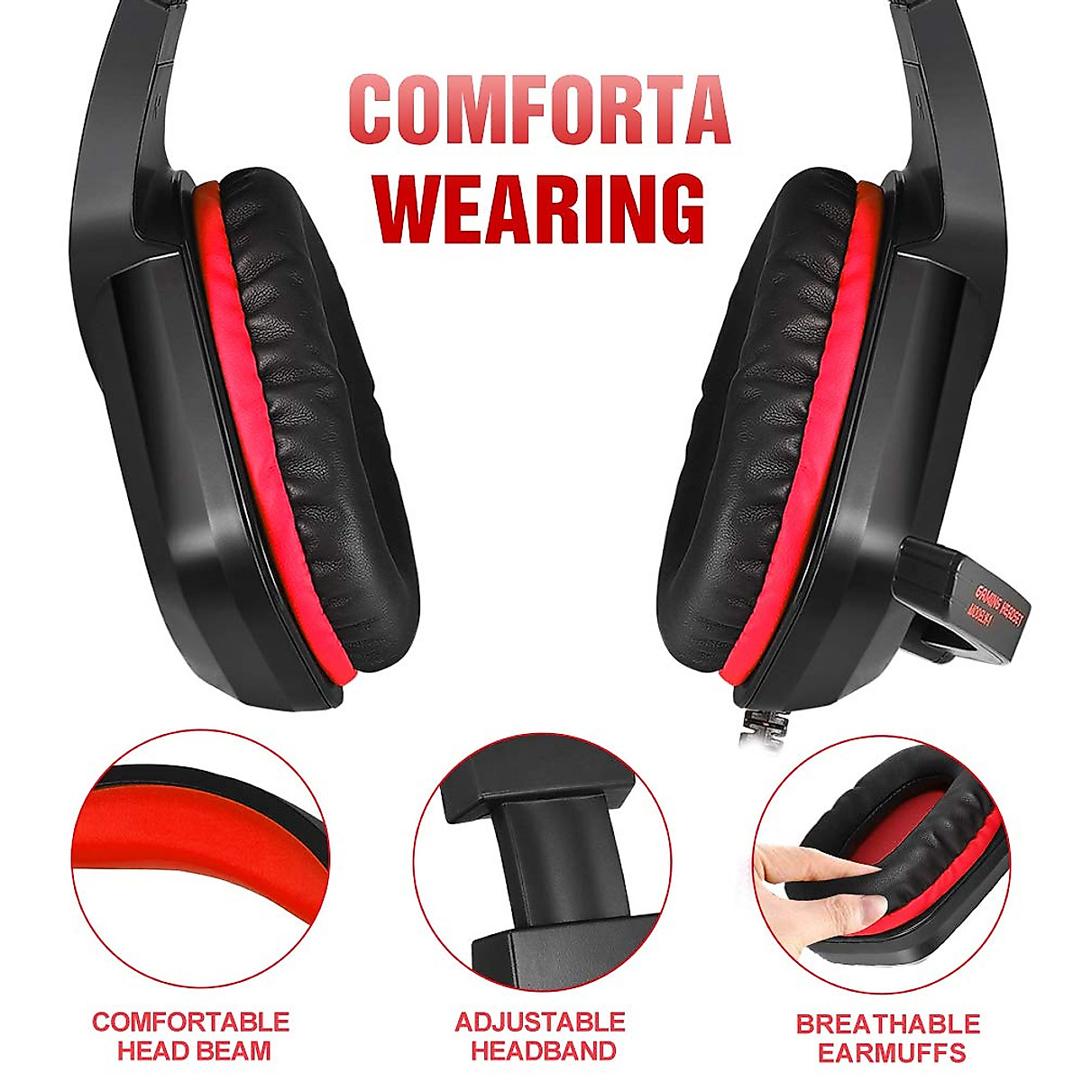 PHOINIKAS H1 Gaming Headset for PS4, Xbox One, PC, Laptop, Switch, Xbox One Headset with Noise-Cancelling Mic, Over Ear Headphones with Bass Surround - Red
