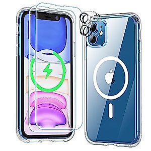 jaroco Strong Magnetic Clear for iPhone 11 Case[Compatible with Magsafe][Non Yellowing][2 Pcs Glass Screen Protector+Camera Lens Protector]Shockproof Slim Thin Magnetic Case Phone Case Cover 6.1-Clear