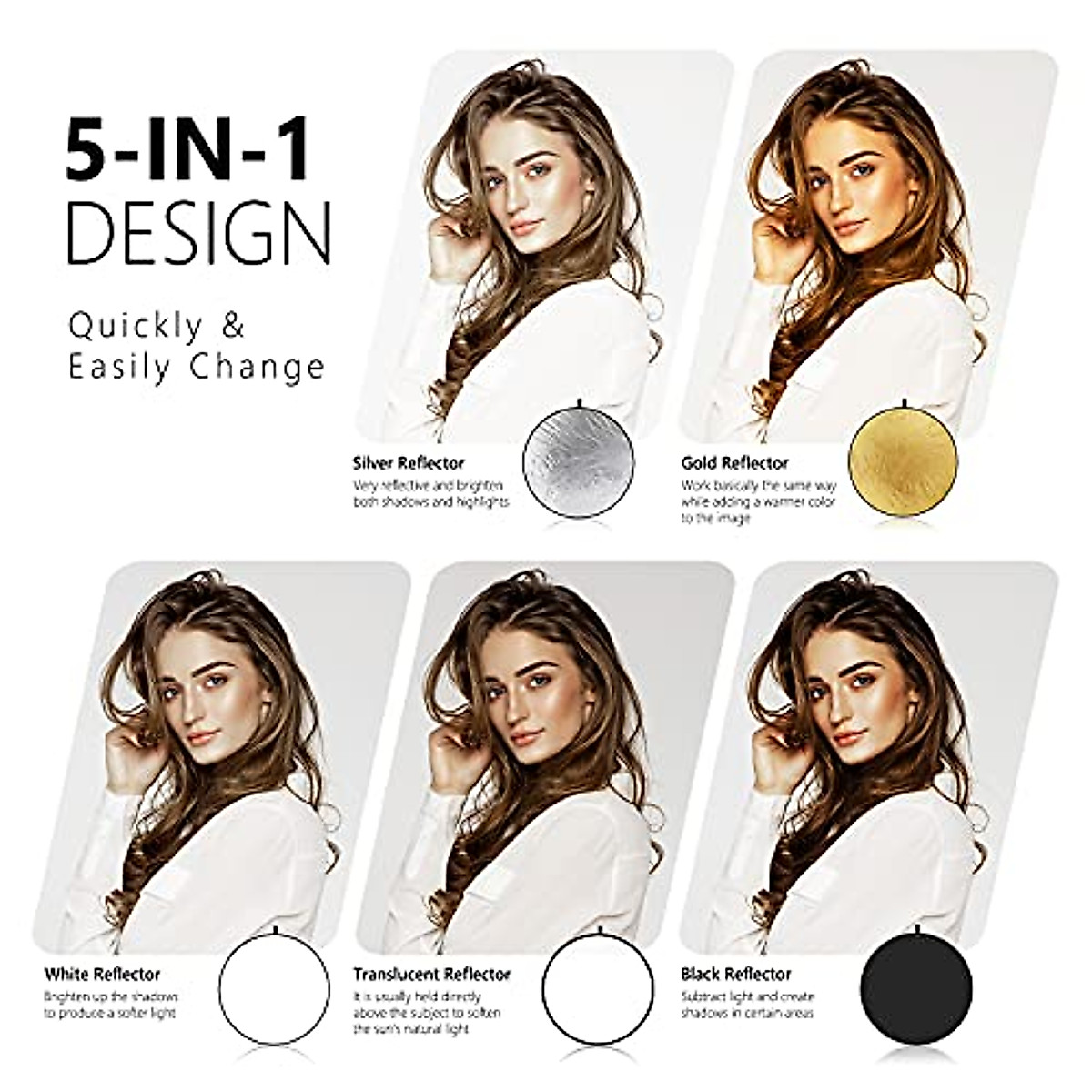 NEEWER 43 Inch/110 Centimeter Light Reflector Light Diffuser 5 in 1 Collapsible Multi Disc with Bag - Translucent, Silver, Gold, White, and Black for Studio Photography Lighting and Outdoor Lighting