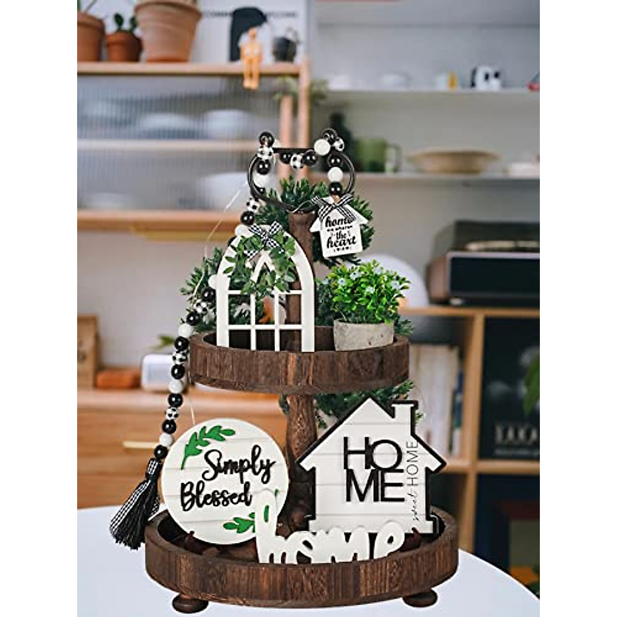 9 Pieces Farmhouse Tiered Tray Decor Set, Simply Blessed Home Wooden Sign with Mini Artificial Plant for Kitchen Decor, Rustic Table Ornaments