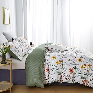 Nayoroom White Floral Duvet Cover Queen Size Green Botanical Leaf Yellow Flowers Printed Reversible Striped Bedding Set 3 Pieces Soft Microfiber Garden Style Comforter Cover with Zipper Ties