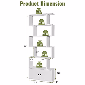LOKO 6-Tier Geometric Bookcase with Doors, Freestanding Storage Display Shelf with Anti-toppling Devices, S-Shaped Z-Shelf Bookshelf with Cabinet for Living Room, Bedroom, Study (2, White)
