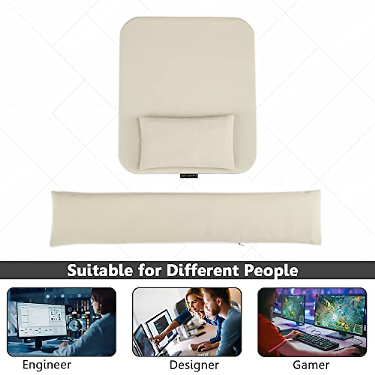 Large Mouse Pad with Wrist Support and Keyboard Wrist Rest Bean Bag Set, Ergonomic Mouse and Keyboard Arm Rest Cushion Filled Ergo Beads, Easy Typing Office (Light Khaki)