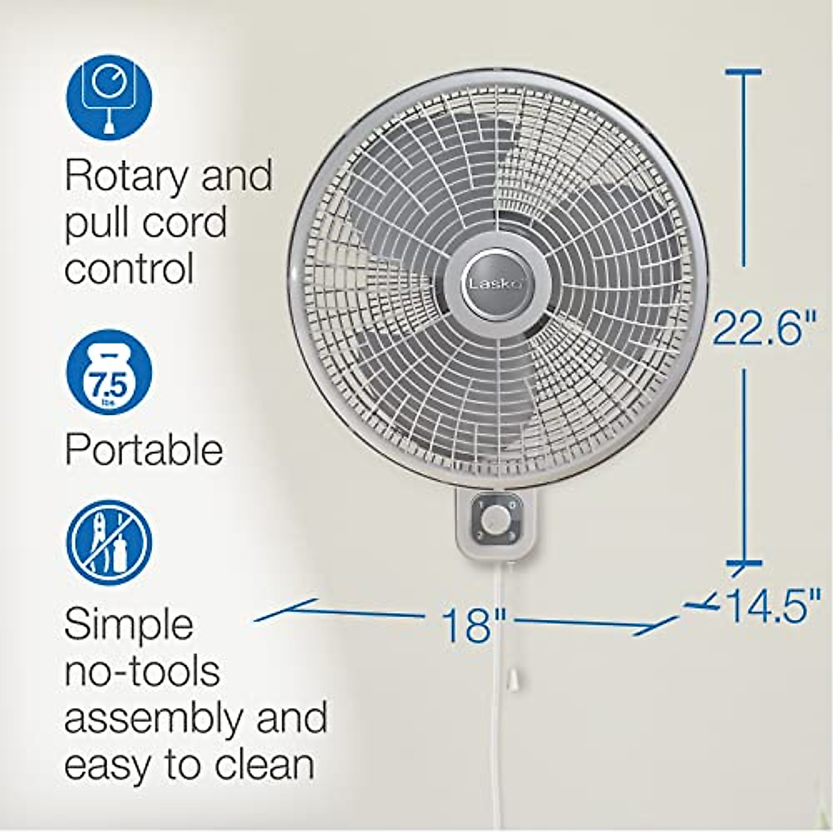 Lasko 16" 3-Speed Oscillating Wall Mount Fan for Indoor Use, M16900, Light Grey