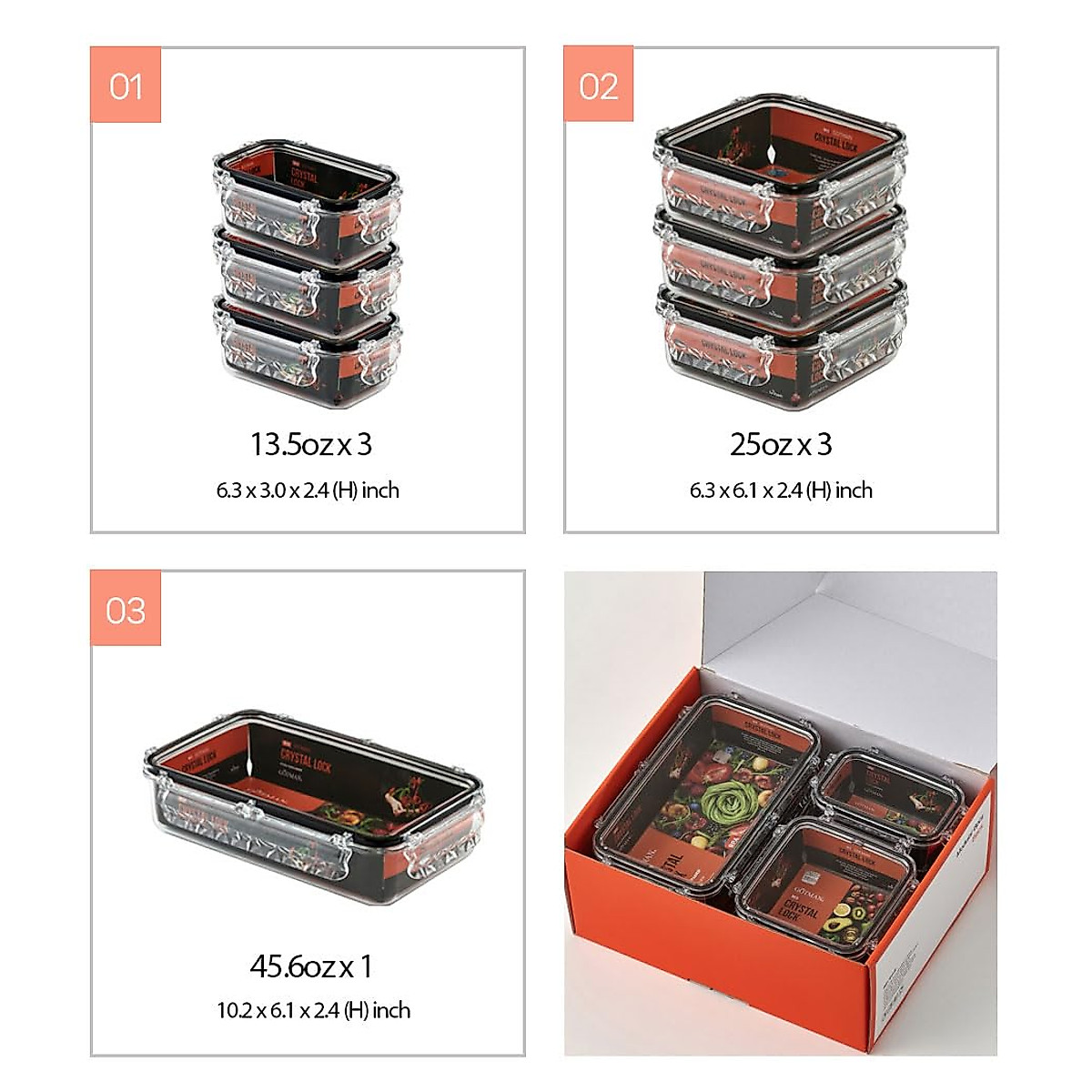 gotman Crystal Lock Airtight Food Storage Containers with Lids Gift Set(7 pack) Tritan | BPA-Free Meal Prep Container | Microwave, Freezer and Dishwasher Safe | Leak-Proof | Fresher Food