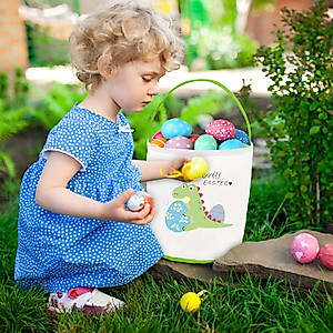 Cerlaza Easter Gift Basket Empty for Kids Canvas Tote, Easter Dinosaur Holding Eggs Hunt Basket with Handle for Toys Carrying, Cute Design Cotton Basket for Easter Party Supplies