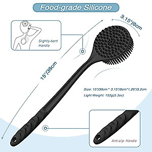 ManmiHealth Silicone Back Scrubber(Thick Bristles) & Soft Shower Brush Set, Super-Exfoliating Body Scrubber & Super-Lathering Bath Glove Combination, with a Free Hook(Black)