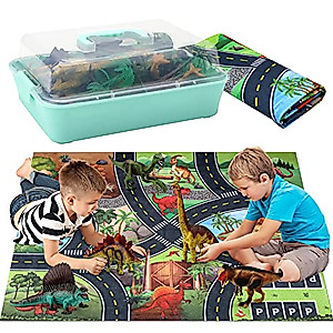 Deejoy Dinosaur Toys,Activity Play Mat & Trees & rockery,Realistic Jurassic Dinosaur Playset to Create a Dino World Including T-Rex,Triceratops,Velociraptor,Great Gift for Boys Girls 3-5