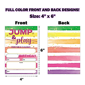 Jump Trampoline Party Birthday Invitations, Bounce House Party Invitations for Boys Girls Kids, Jumping Party Invitations, Jump Party Invites (20 Sets 4" x 6" Cards with Envelopes) - JY564
