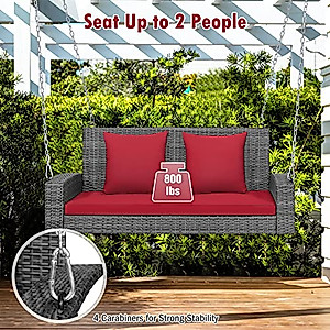 Tangkula 2 Person Wicker Hanging Porch Swing, Patiojoy Outdoor Rattan Swing with Soft Cushions and 2 Rustproof Steel Chains, 800 LBS Patio Swing Bench for Balcony, Garden and Yard (Red)
