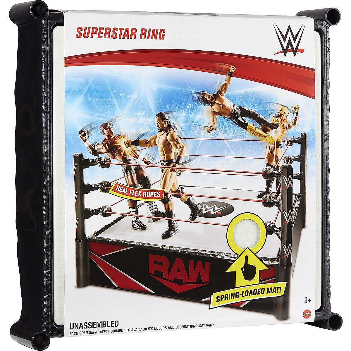 WWE Superstar Ring (14 in) with Spring-Loaded Mat & Real Flex Ropes for Action Figures; Gift for Ages 6 Years Old & Up