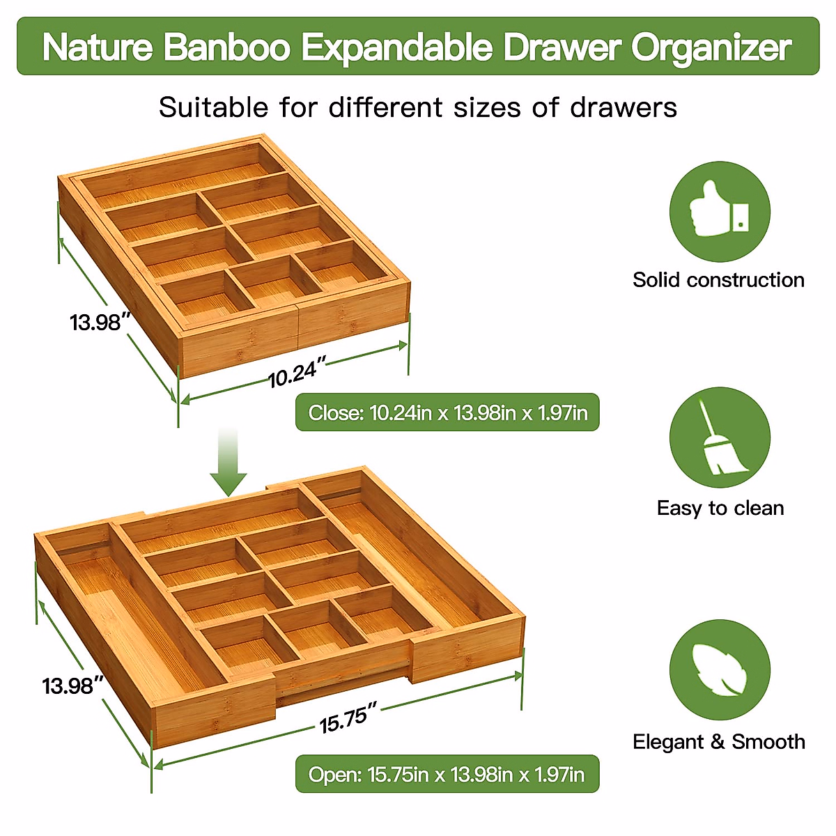 Pipishell Bamboo Expandable Drawer Organizer, Adjustable Silverware Organizer with Removable Dividers, Cutlery Tray Perfect for Kitchen, Bathroom, Office, Bedroom