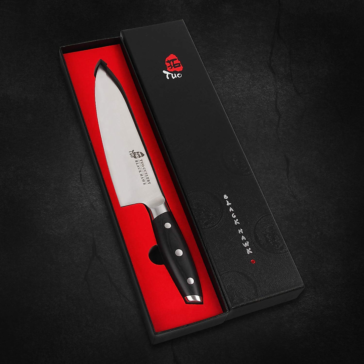 TUO Chef Knife -Professional Kitchen Chefs Knife Cooking Knife Gyuto Knives 8 Inch,Razor Sharp German HC Steel Japanese Chef Knife with Ergonomic Pakkawood Handle - BLACK HAWK SERIES in Gift Box