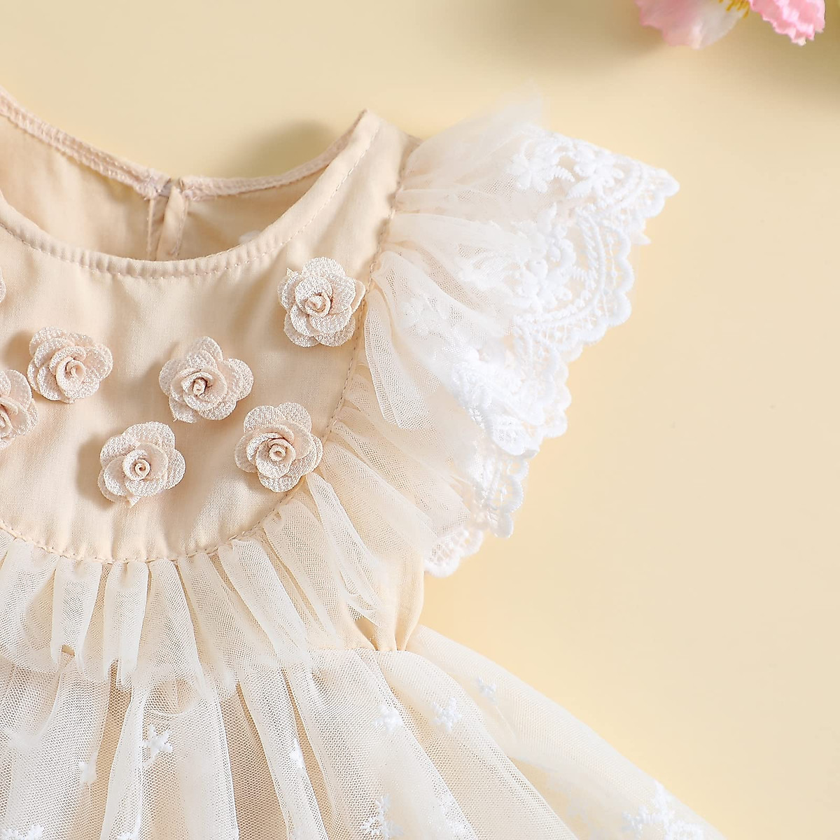 Newborn Baby Girl Boho Romper Dress Embroidery Flower Lace Tutu Photography Outfits Princess Clothes (Apricot, 3-6 Months)
