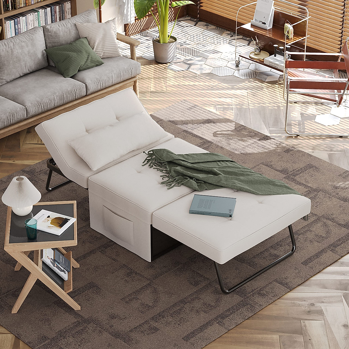 Iroomy Sofa Bed,Chair Bed,Sleeper Couch,4 in 1 Multi-Function Folding Ottoman Bed with Slide StoragePocket for Living Room,Bedroom,Hallway,Beige