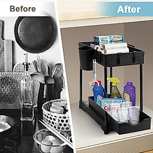 Under Sink Organizers and Storage 2 Pack, Pull-out Sliding Drawers - 2 Tier Bathroom Organizer Under Sink, Multi Usage Kitchen Cabinet Organizers and Storage with 4 Hanging Cups and 8 Hooks, Black