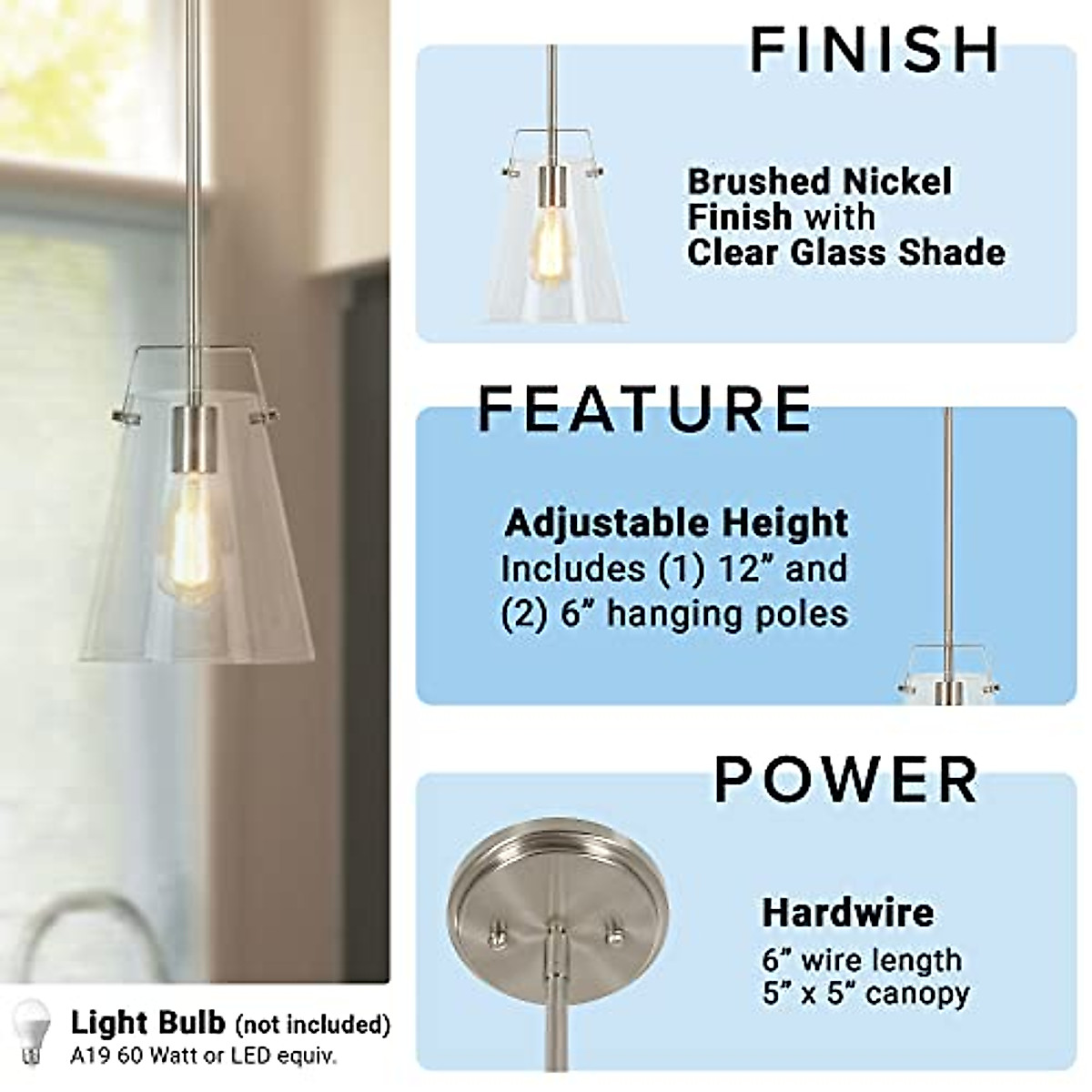 Catalina Lighting 23042-000 Modern 1-Light Bell-Shade Mini Pendant Ceiling Light, 8", Brushed Nickel