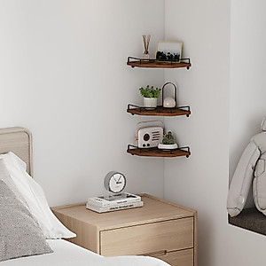 HORLIMER Floating Corner Shelf Wall Mount, 3 Pack Rustic Wood Corner Wall Shelves with Fence for Bedroom, Bathroom, Kitchen, Living Room, Brown