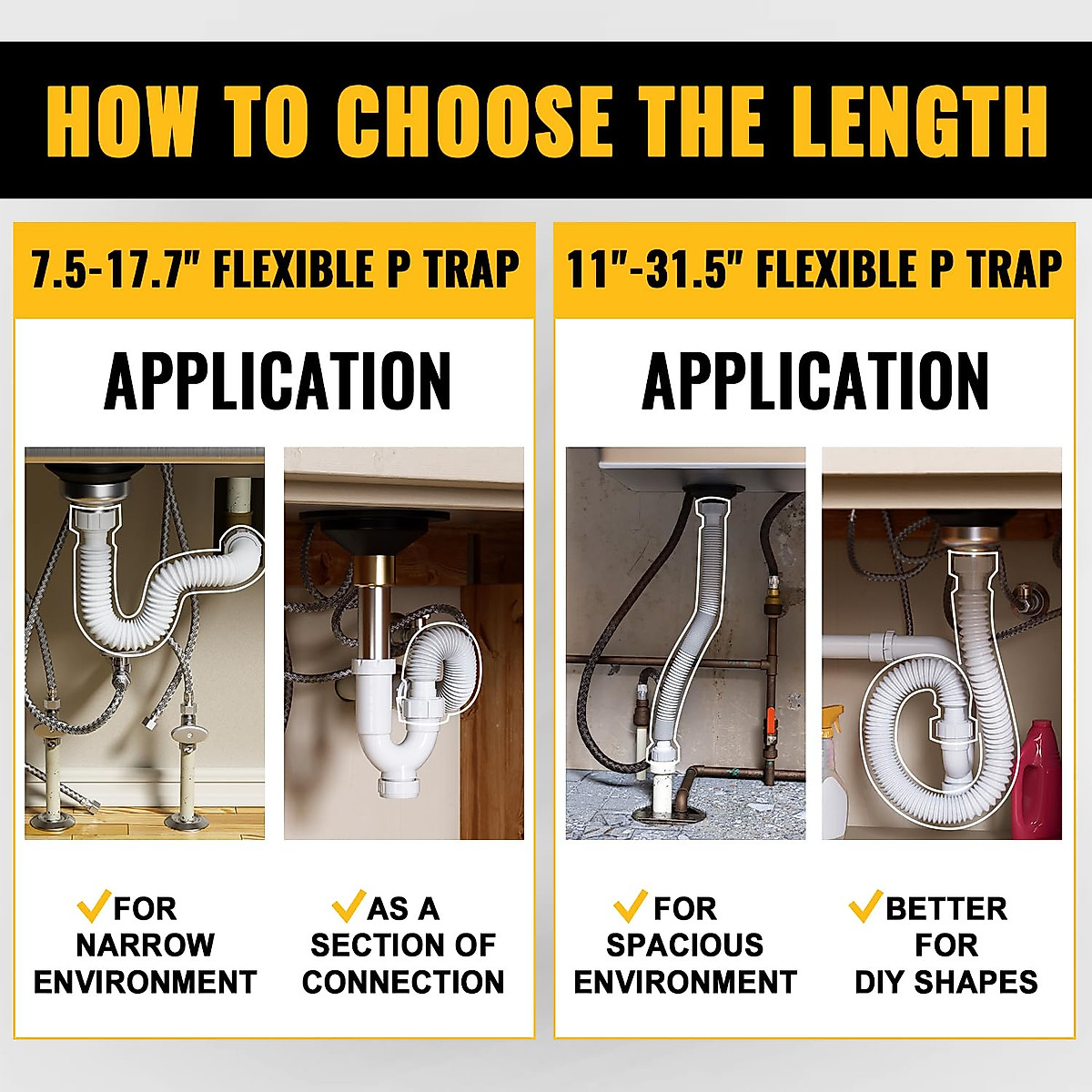 VIVIDA 1-1/2" Sink Drain Pipe Kit, Flexible Sink Drain Pipe P-Trap, 7.5"-17.7" Flexible Sink Drain P-Trap for Bathroom Sink and Kitchen Sink, 1-1/4" Adapter Included, 1 PACK