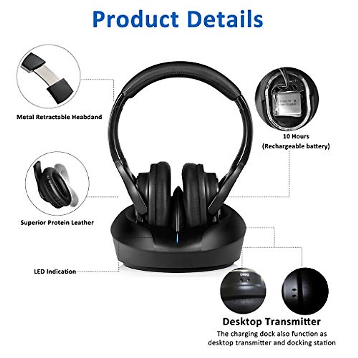 ZANCHIE Wireless TV Headphones Over Ear Headsets-RF Transmitter Charging Dock, Hi-Fi Stereo Cordless Headphones for TV, Adjustable Lightweight Rechargeable 10Hrs Battery for Hard of Hearing, 330ft