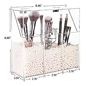 YestBuy Acrylic Makeup Brush Holder, Clear Makeup Brush Organizer For Vanity, Cosmetic Brush Storage Box with Pink Pearls, For Bathroom, Bedroom, Vanity Countertop