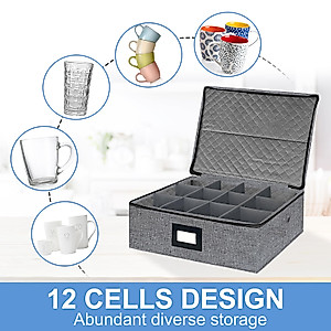 homyfort Mug and Cup Storage with Dividers - Hard Shell and Stackable China Storage Containers with Lid, Label and Handles, Holds 12 Coffee Mugs and Tea Cups (Dark Grey)