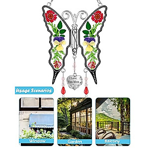 KY&BOSAM Butterfly Suncatcher Mother`s Day Gift I Love You Mom Stained Glass Suncatchers Hanging Ornament for Window Wind Chime Gifts for Mother`s Day Valentine`s Birthday Christmas Dream Catchers
