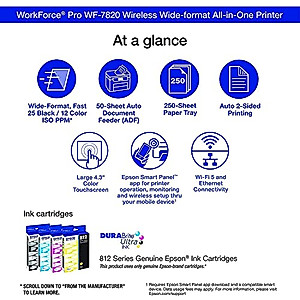 Epson Workforce Pro WF-7820 Color Inkjet Wireless All-in-One Printer - Print Scan Copy Fax - 4.3" Touchscreen Display, 4800 x 2400 dpi, 13"x19", 50-Sheet ADF, 25 ppm, Auto 2-Sided Printing