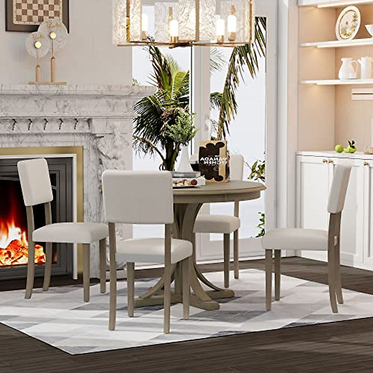 WOZNLA 5-Piece Retro Round Dining Table Set for 4, Kitchen Table Set with Curved Trestle Style Legs and 4 Upholstered Chairs, Taupe