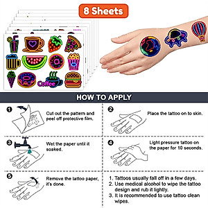 Neon Temporary Tattoos Theme Birthday Party Decorations Supplies Favors Decor 96 PCS 8 Sheets Cute Tattoo Stickers For Children Kids Boys Girls School Gifts Rewards Home Activity