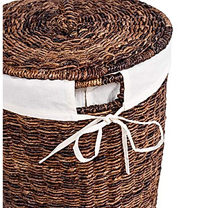 BirdRock Home Abaca Laundry Hamper with Liner - Round Clothes Bin with Lid - Organize Laundry - Cut-Out Handles for Easy Transport - Includes Machine Washable Canvas Liner (Espresso)