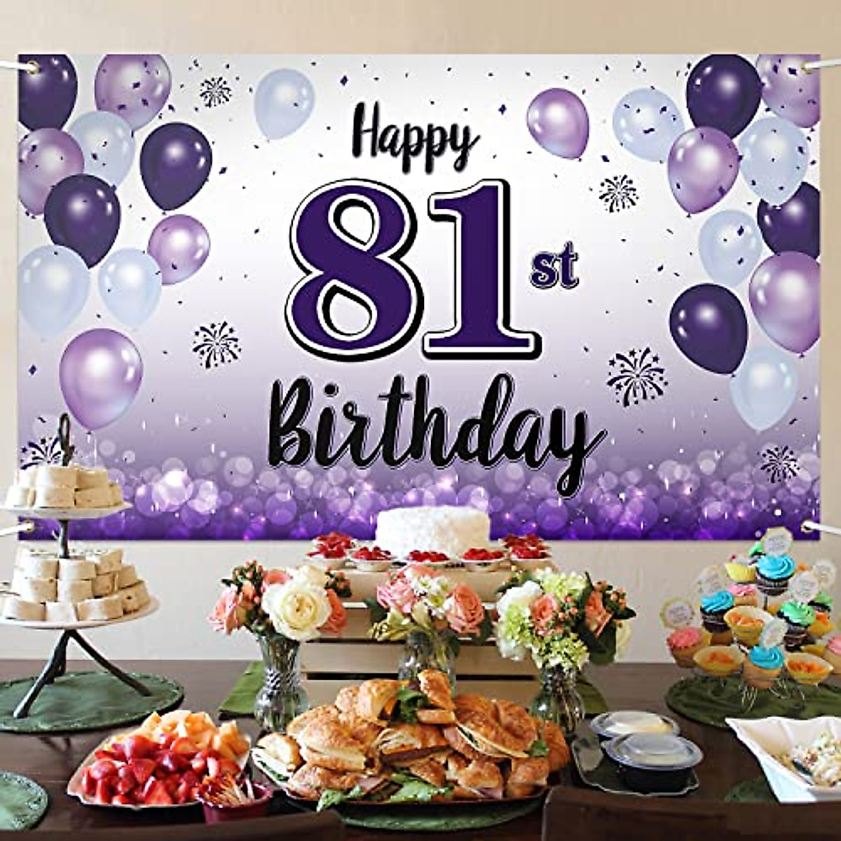 LASKYER Happy 81st Birthday Purple Large Banner - Cheers to 81 Years Old Birthday Home Wall Photoprop Backdrop,81st Birthday Party Decorations.
