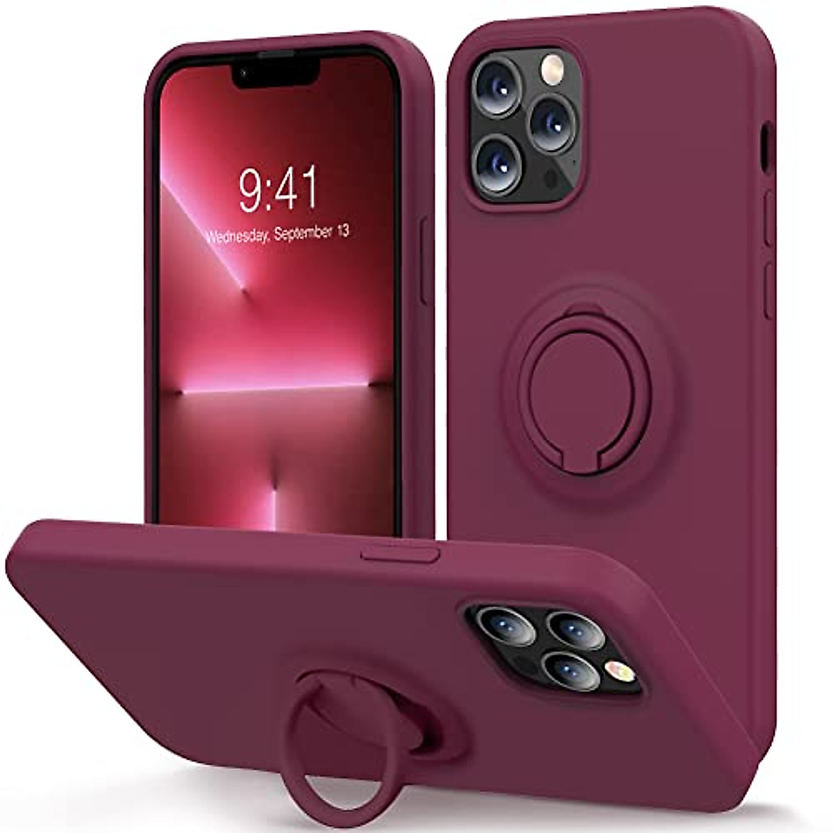 MOCCA Compatible with iPhone 13 Pro Max Case 6.7inch with Ring Kickstand | Liquid Silicone |Microfiber Linner|Anti-Scratch Full-Body Shockproof Protective Case for iPhone 13 Pro Max Women Girl-WineRed