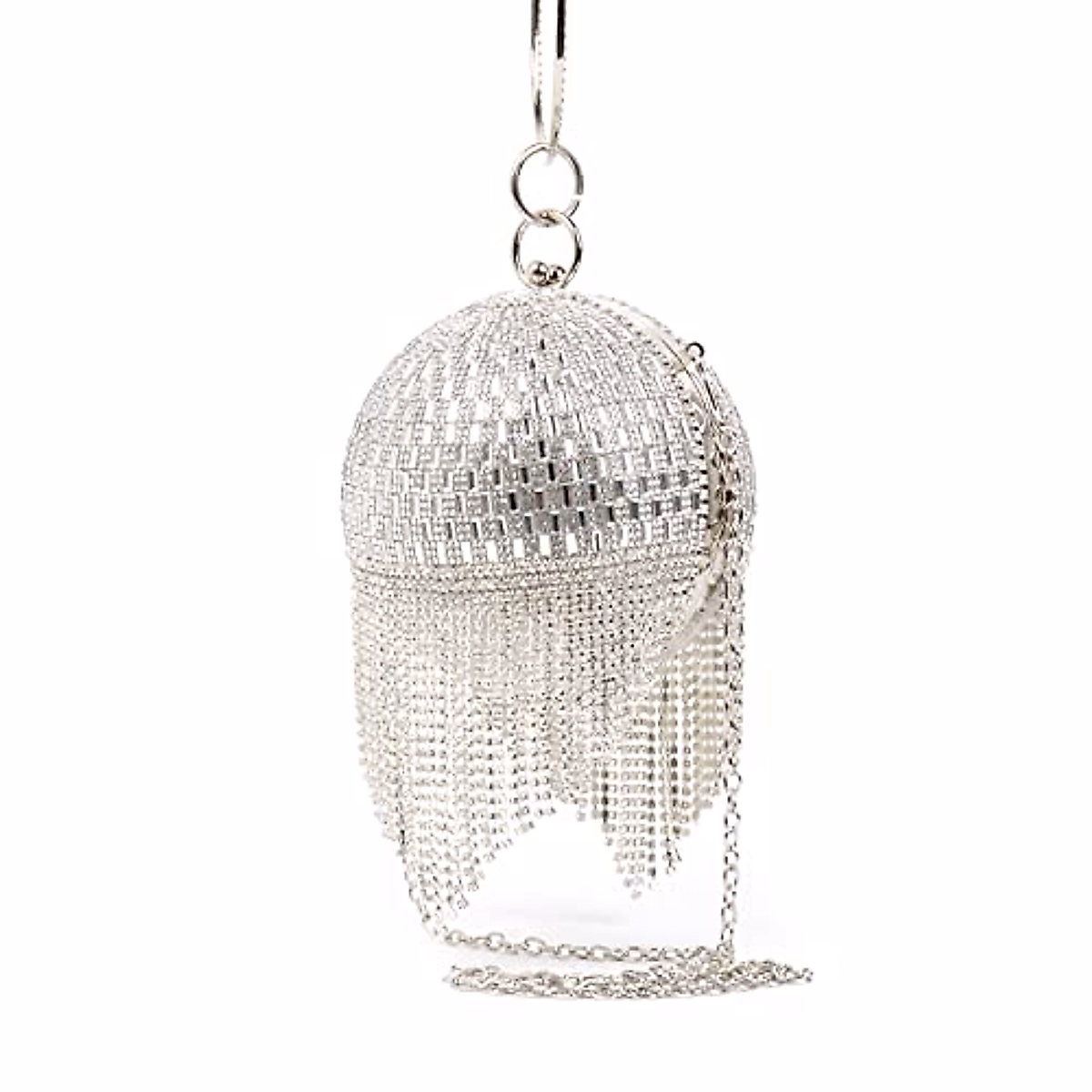 Woman Sliver Glitter Sparkly Tassel Bling Crossbody Chian Luxury Round Ball Bags Crystal Ladies Evening Bag Clutch Purse Diamond Wedding Party Purses Handbags for Women