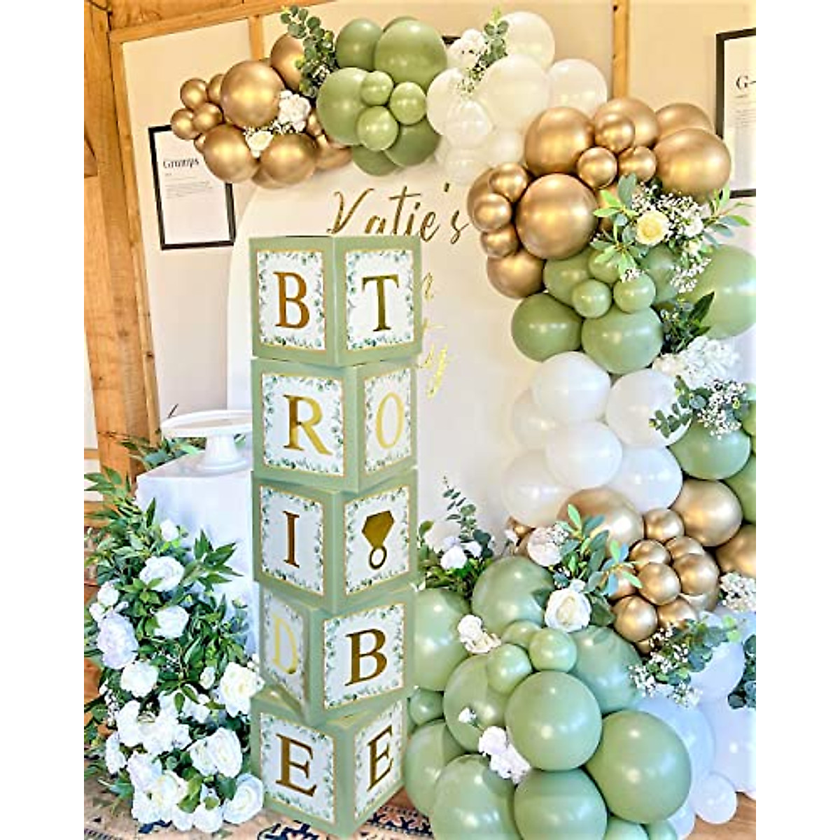 101 PC Greenery Bridal Shower Decorations Balloon Boxes Gold- Blocks with BRIDE TO BE + GROOM + A - Z Letters and 40 Balloons- Engagement Bachelorette Parties Weddings Centerpieces Photo Booth Props