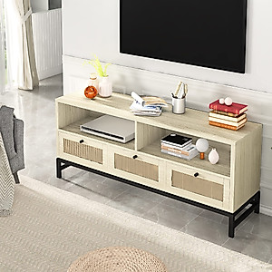 Lamerge 47.2" Rattan TV Cabinet/TV Stand/TV Table with 3 Drawers,Media Console,Boho Farmhouse Entertainment Center,Storage Cabinet for Living Room or Media Room,Natural Oak