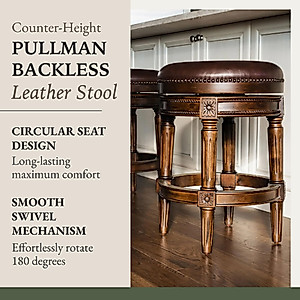 Maven Lane Pullman 26 Inch Tall Counter Height Upholstered Backless Barstool in Dark Walnut Finish with Vintage Brown Vegan Leather Cushion Seat