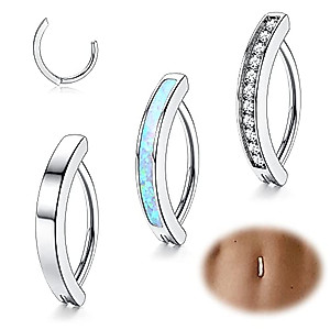 FIBO STEEL 3Pcs 14G Clicker Belly Button Ring for Women Surgical Steel CZ Opal Belly Rings Simple Reverse Navel Rings Belly Piercing Body Jewelry 10MM Silver
