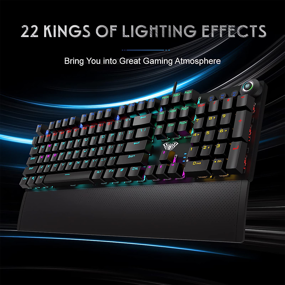AULA Mechanical Gaming Keyboard Blue Switches,Rainbow LED Backlit,Ergonomic Wrist Rest,Aluminum Base,Full Size 108 Keys Anti-Ghosting,Macro Programmable Computer Keyboard Wired for PC Laptop